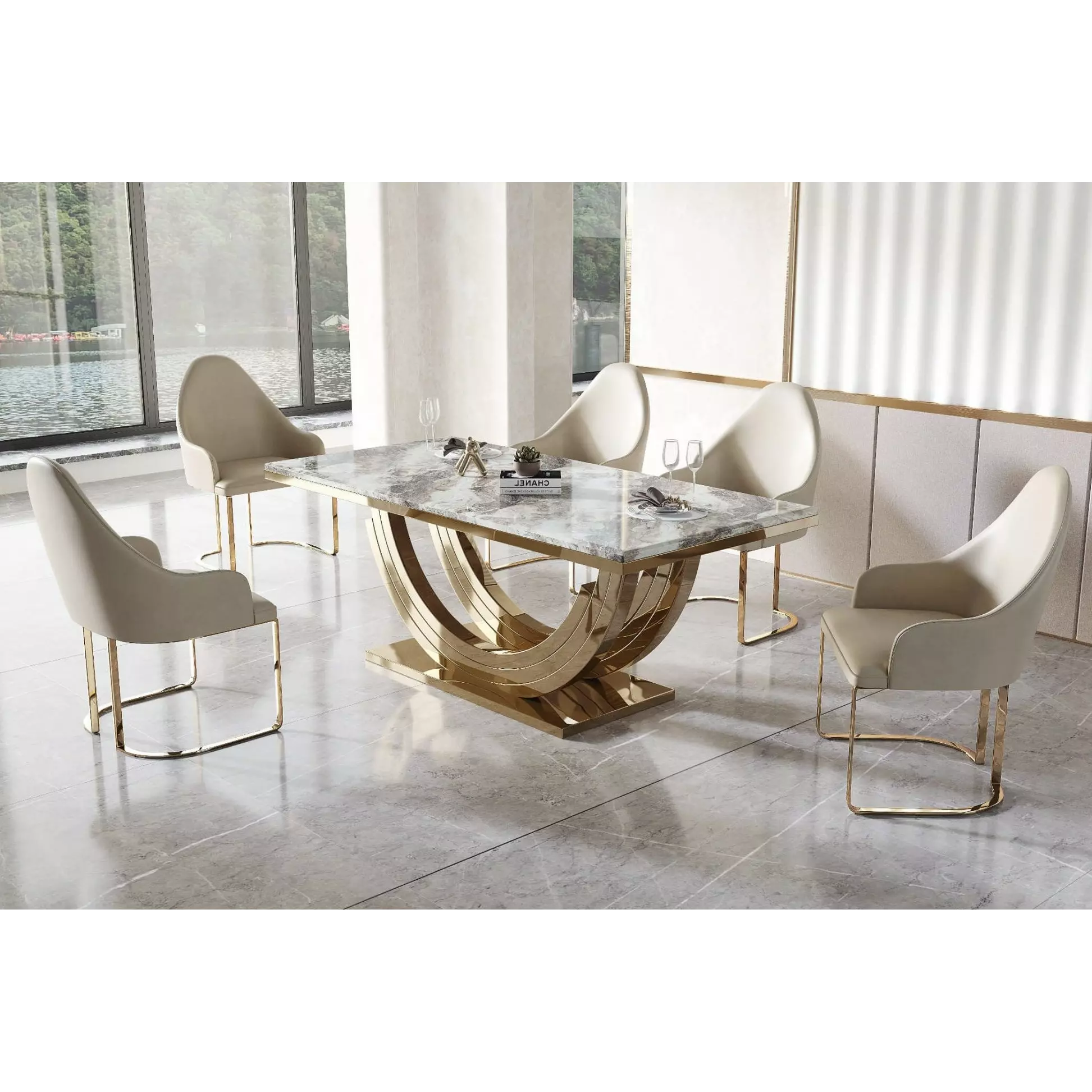 Midas Marble Dining Table – Natural Stone with Marble Effect & Gold ...